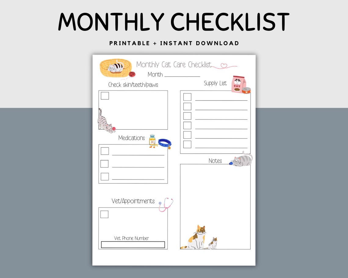 Cat Care Checklist, Daily & Monthly Chores (PDF Printable), Daily Pet ...