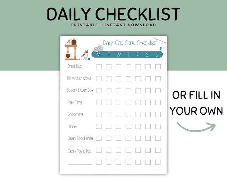 Cat Care Checklist, Daily & Monthly Chores (PDF Printable), Daily Pet ...