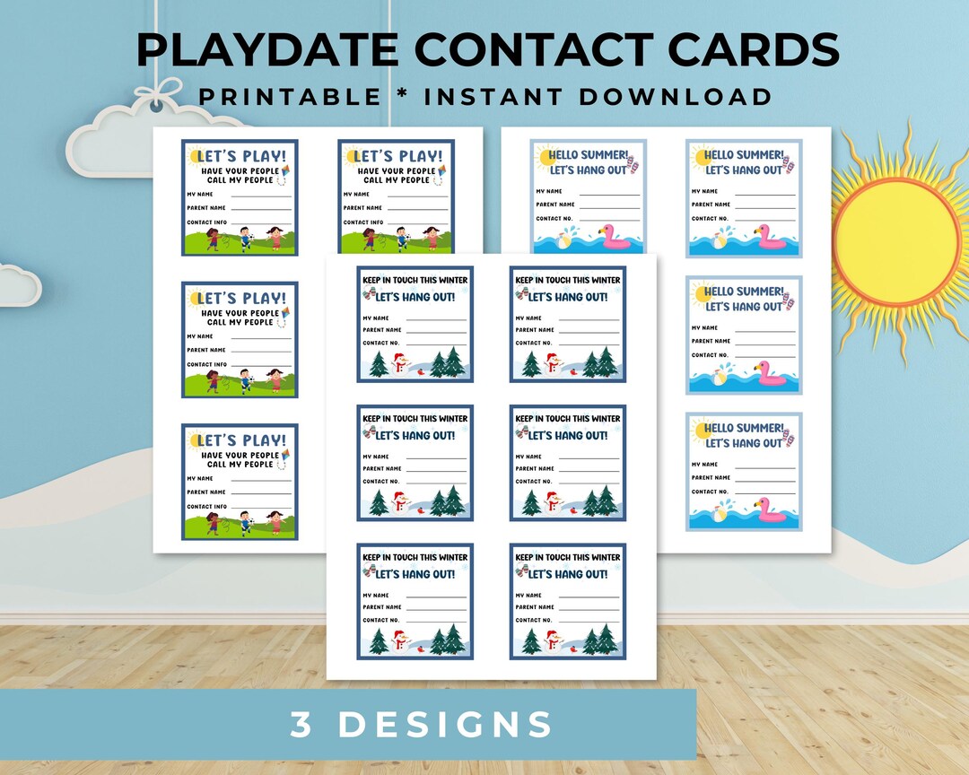 Playdate Cards, End of School Contact Card Kid, Playdate Contact Cards ...