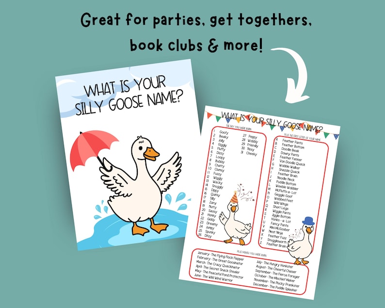 Silly Goose Party Activities, What is Your Silly Goose Name, Printable ...