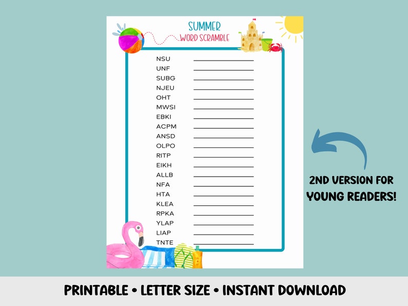 Summer Word Scramble for Kids, Printable Summer Word Game, Printable ...
