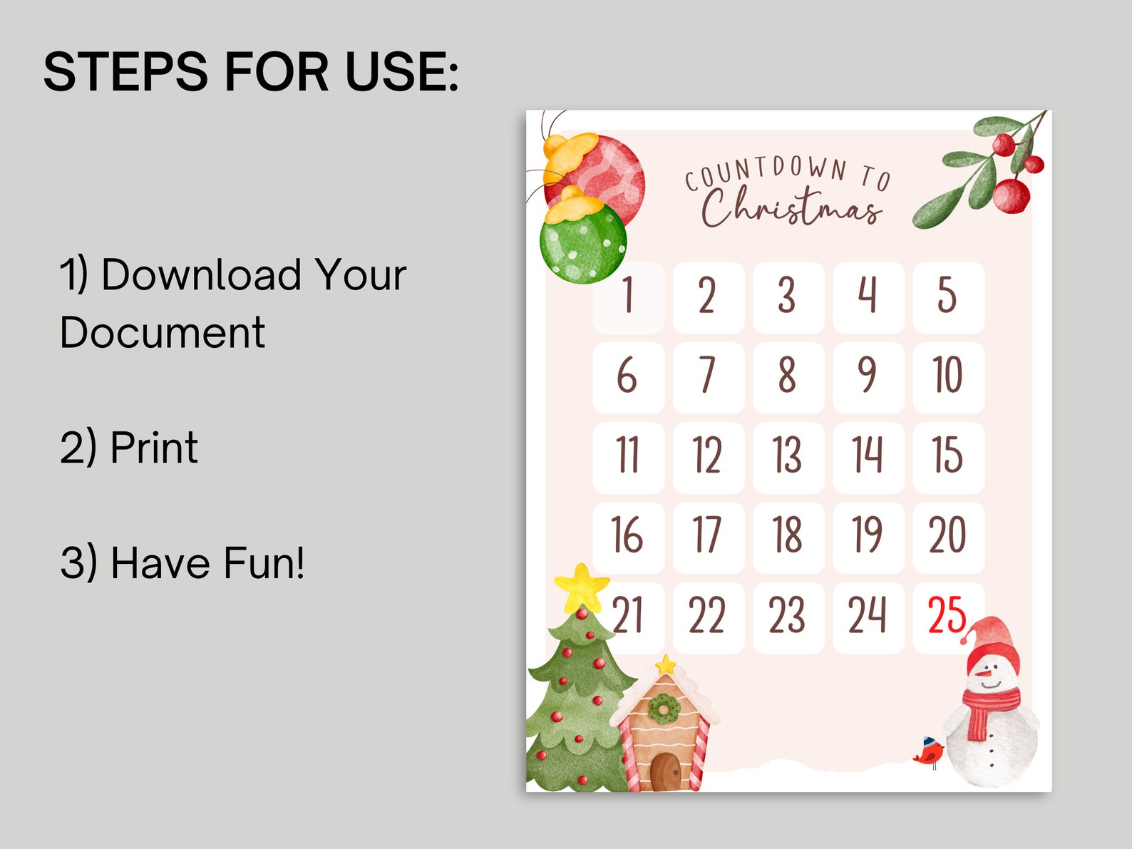 Printable Christmas Countdown Calendar, Fun Christmas Activities for ...