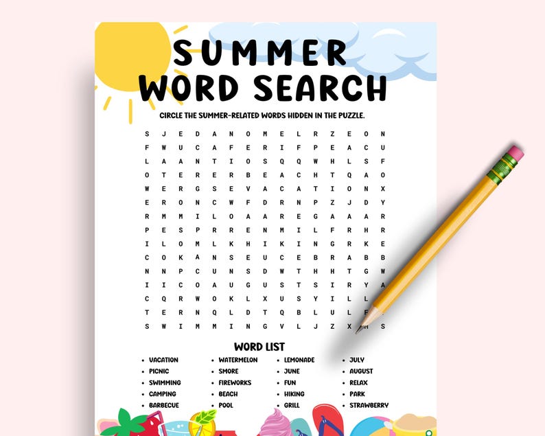 Summer Word Search, Printable Worksheet for Kids, Summer Activity Sheet ...