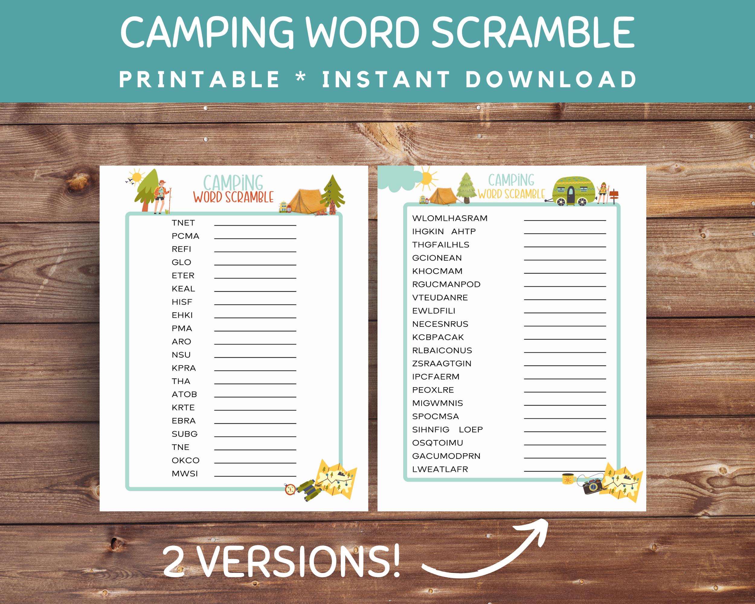 Camping Games, Camping Word Scramble, Outdoor Themed Word Scramble, Car ...