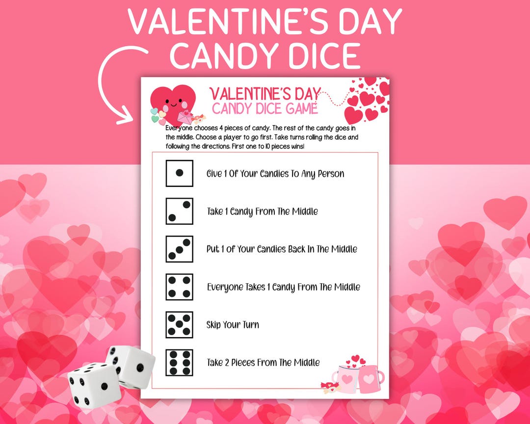 Candy Dice Game Printable, Valentine's Day Candy Dice, Valentine's Day ...