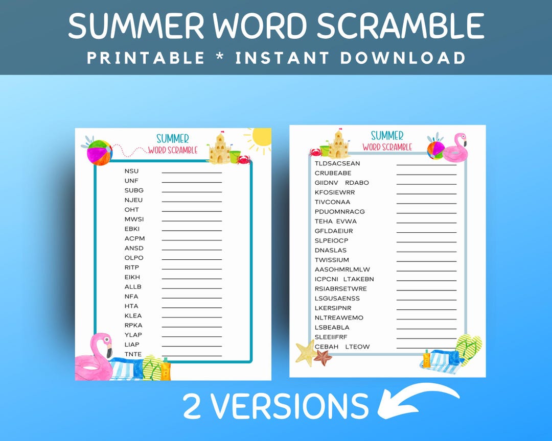 Summer Word Scramble, Printable Summer Word Game, Printable Summer ...
