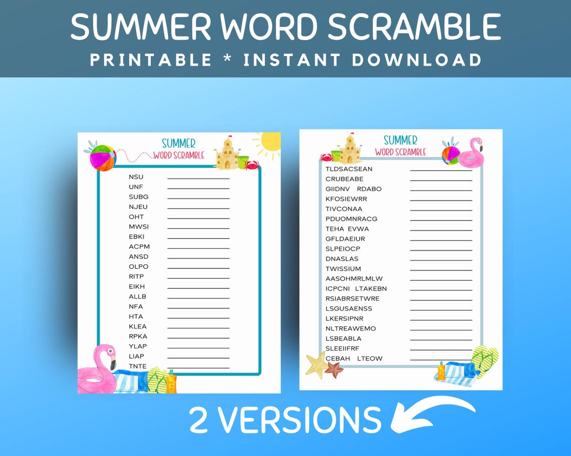 Summer Word Scramble for Kids, Printable Summer Word Game, Printable ...