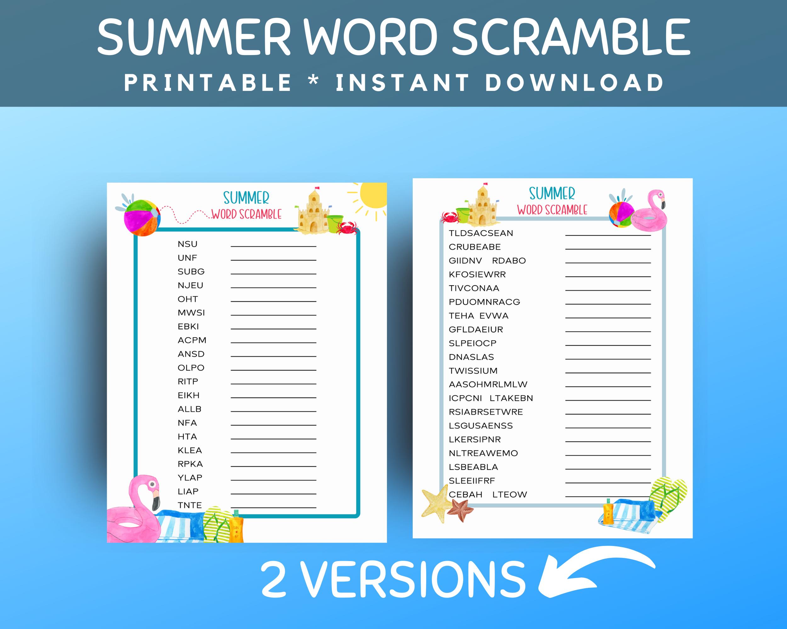 Summer Word Scramble for Kids, Printable Summer Word Game, Printable ...