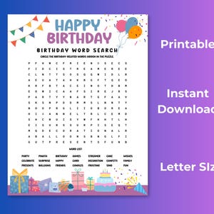 Birthday Word Search Printable, Word Search for Birthday Party ...
