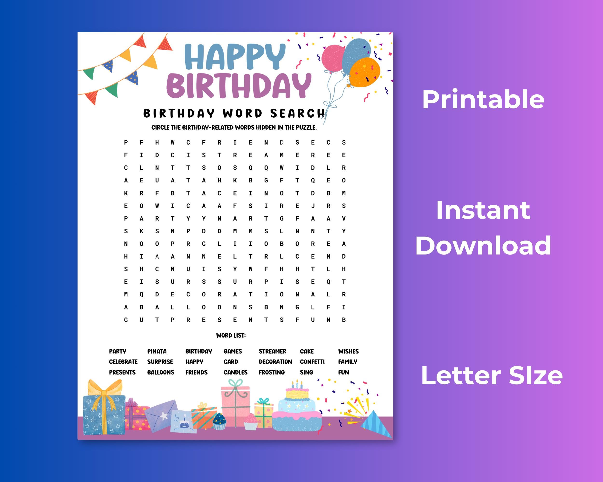 Birthday Word Search Printable, Word Search for Birthday Party ...