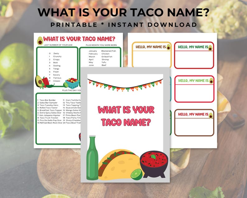 What is Your Taco Name, Taco Name Tag, Taco Party Game, Printable Taco ...