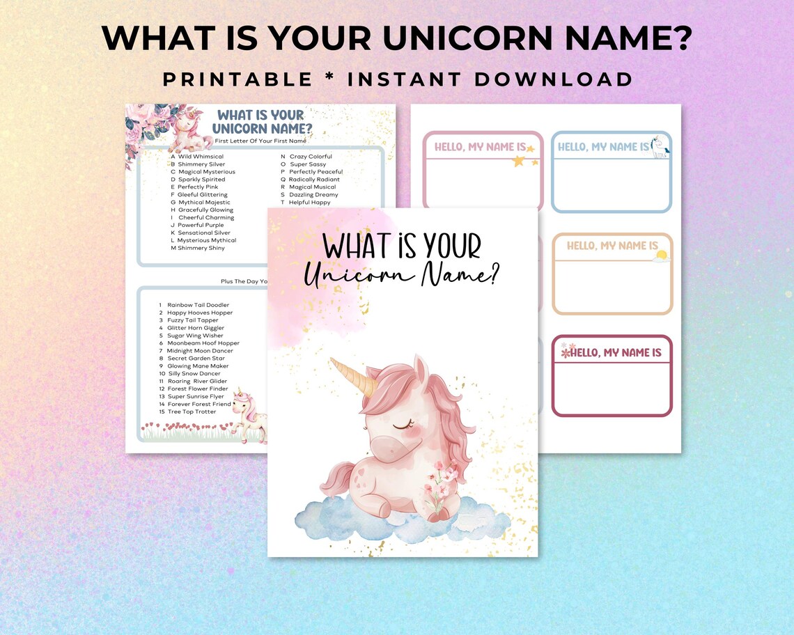 What is Your Unicorn Name Printable Sign and Name Tags, Girl Birthday ...