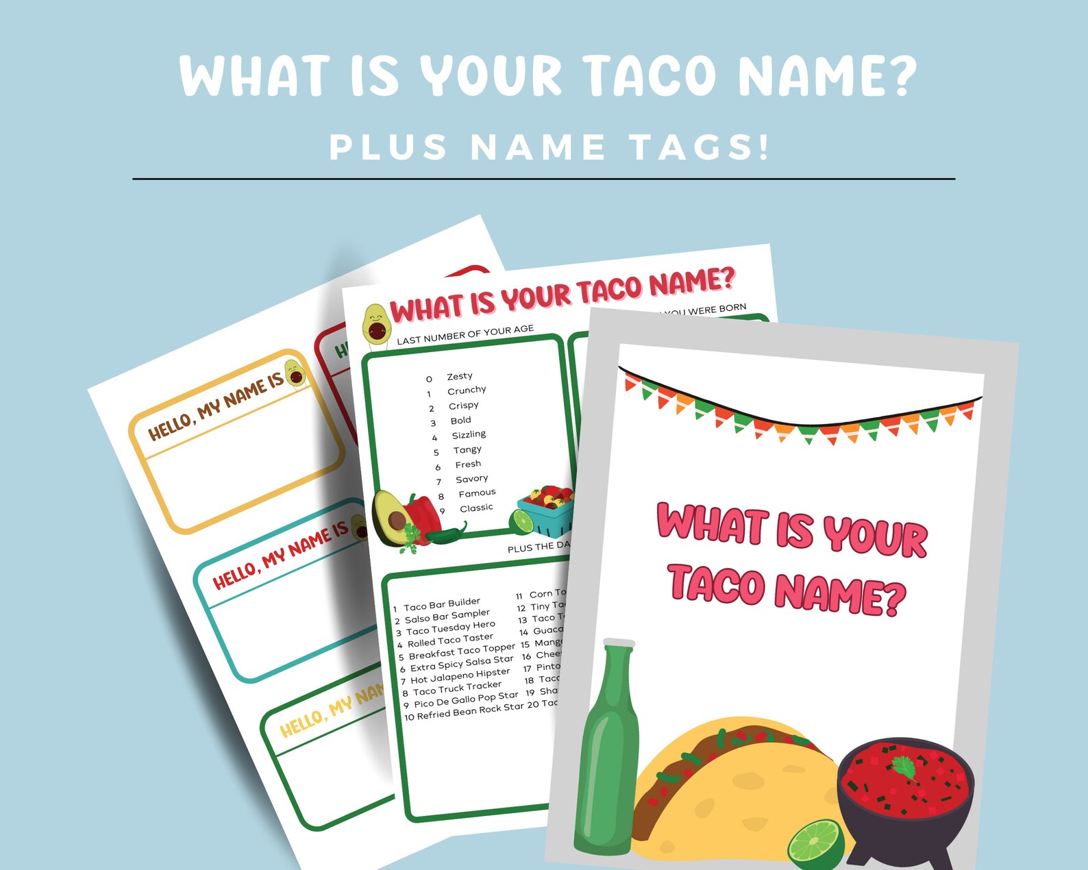 What's Your Taco Name Taco Name Tag, Taco Party Game, Printable Taco ...