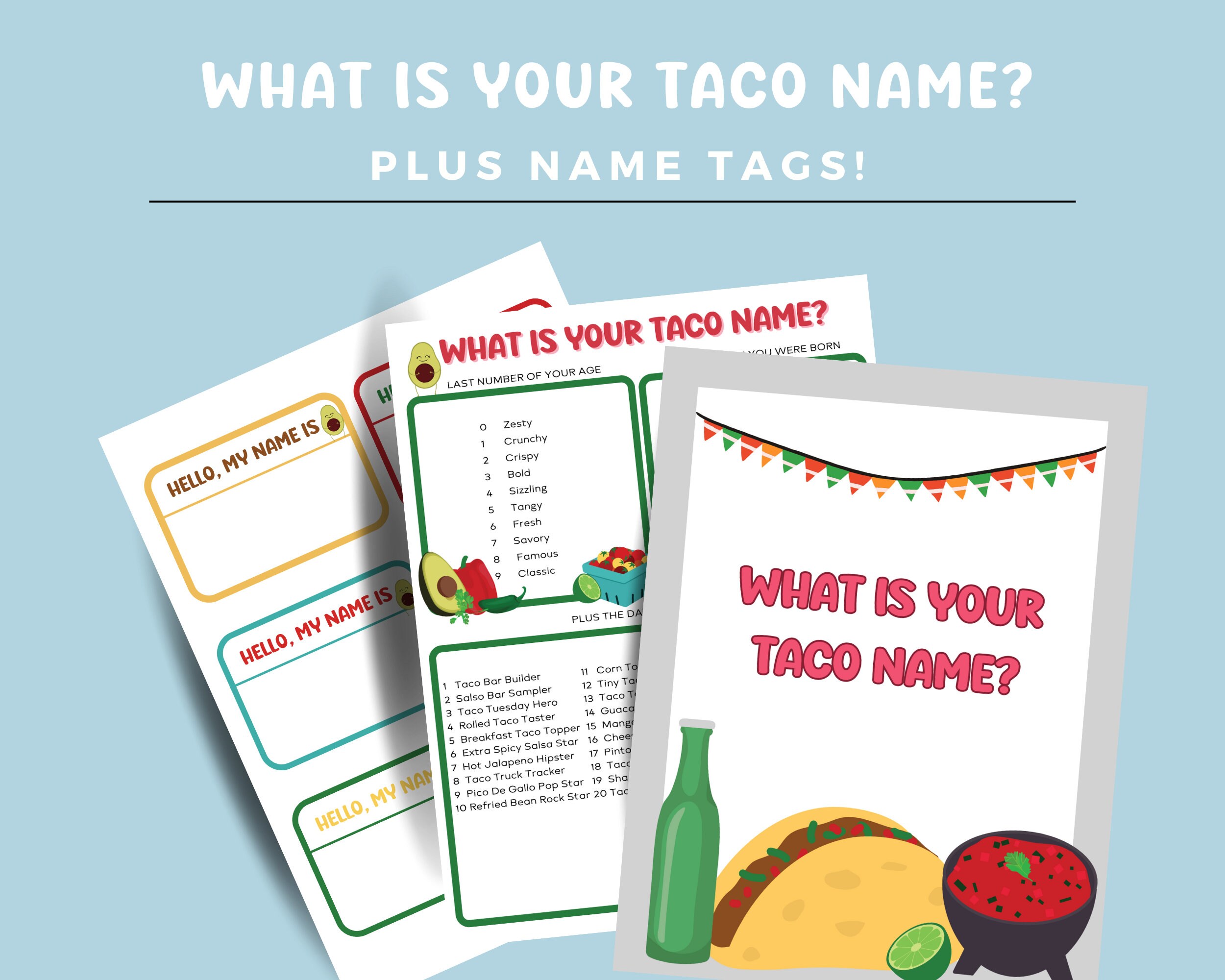 What's Your Taco Name Taco Name Tag, Taco Party Game, Printable Taco ...