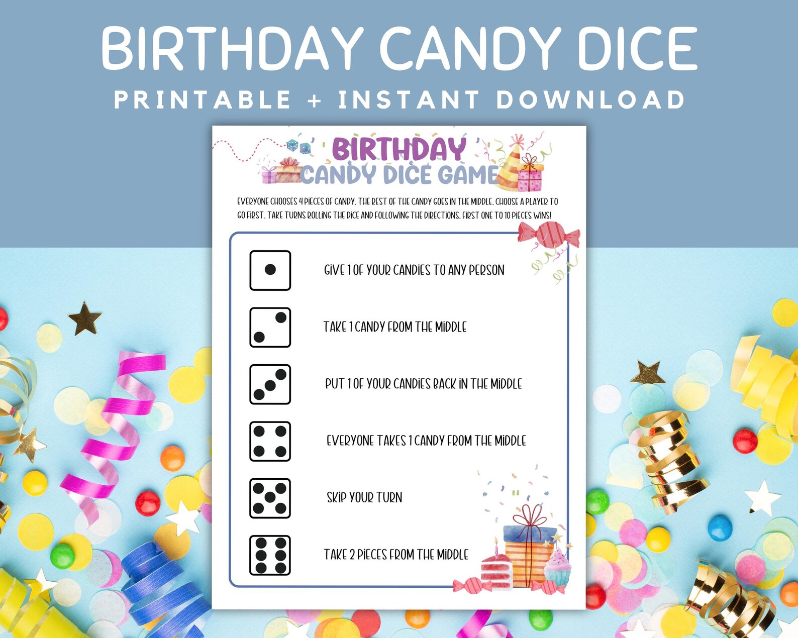 Candy Dice Game, Birthday Party Game, Printable Birthday Candy Dice ...