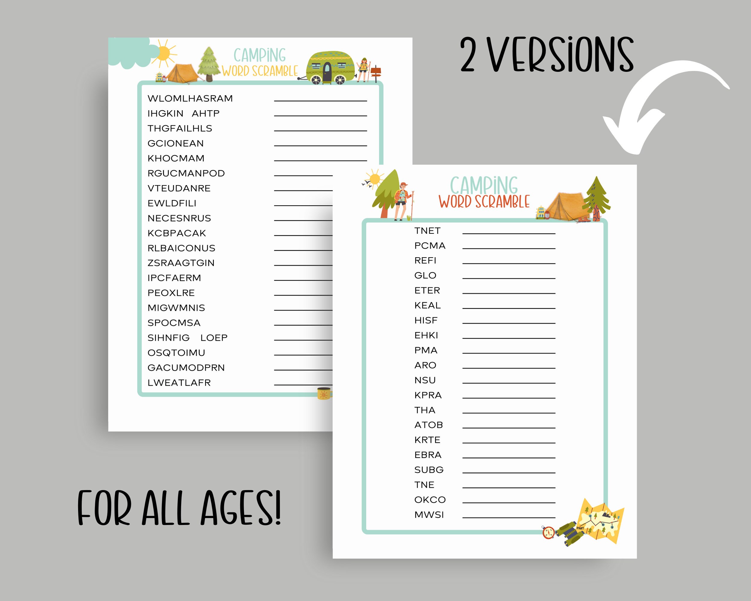 Camping Games, Camping Word Scramble, Outdoor Themed Word Scramble, Car ...