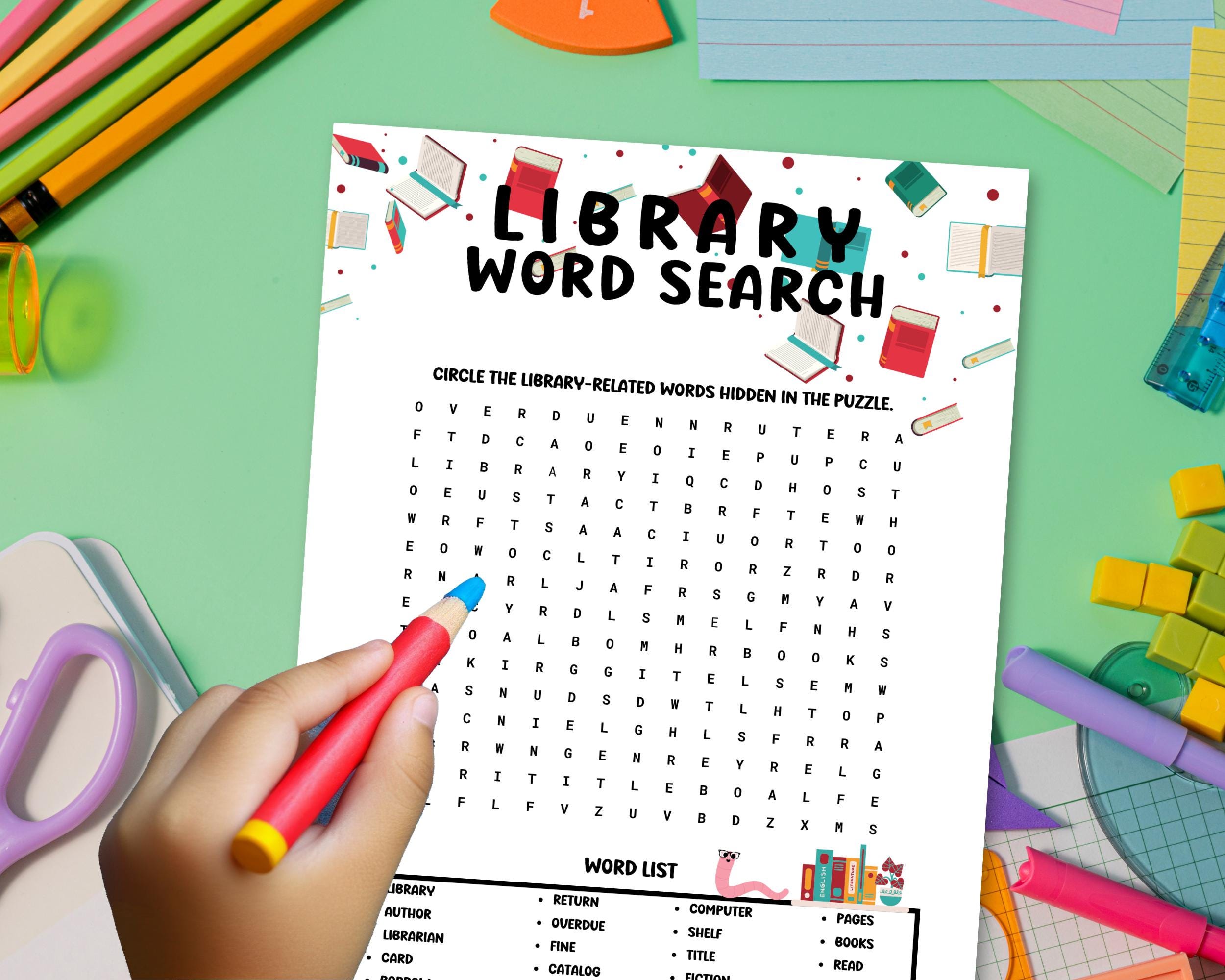Word Search, Library Activity Sheet, Library Word Search, Elementary ...