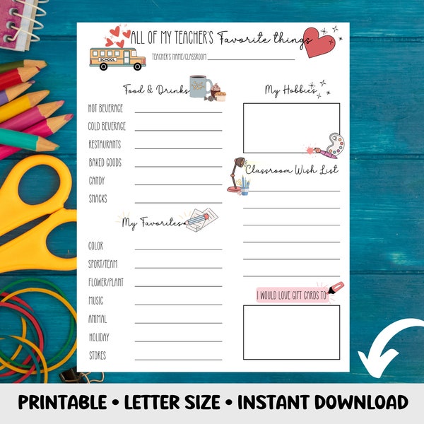 About My Teacher Questionnaire, Teacher Favorites, Teacher Gift Guide ...