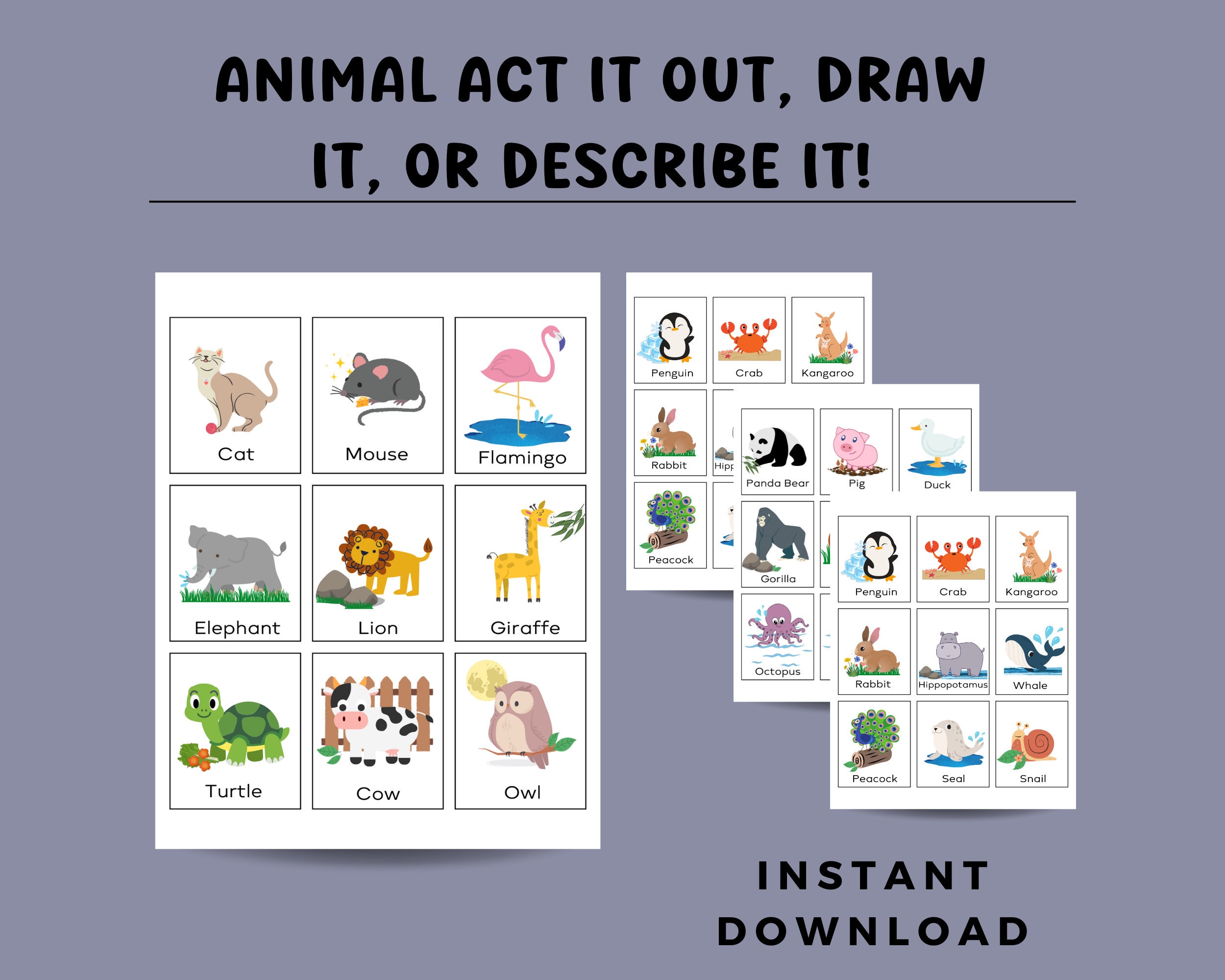 Animal Charades Cards, Elementary School Game (digital Download ...