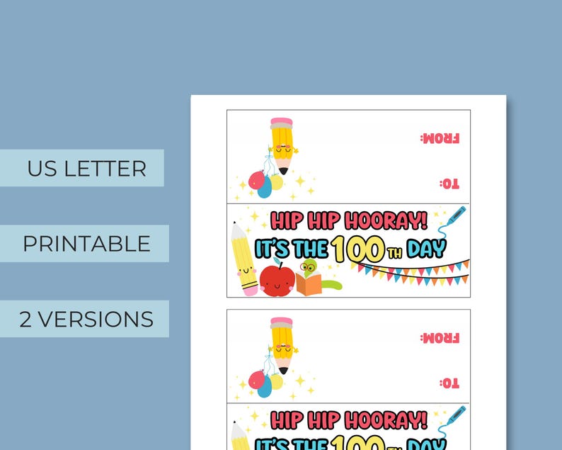 100th Day of School, Treat Bag Toppers, Printable School Favor Bag ...