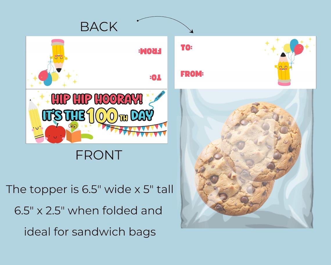 100th Day of School Treat Bag Topper, Printable School Favor Bag Topper ...