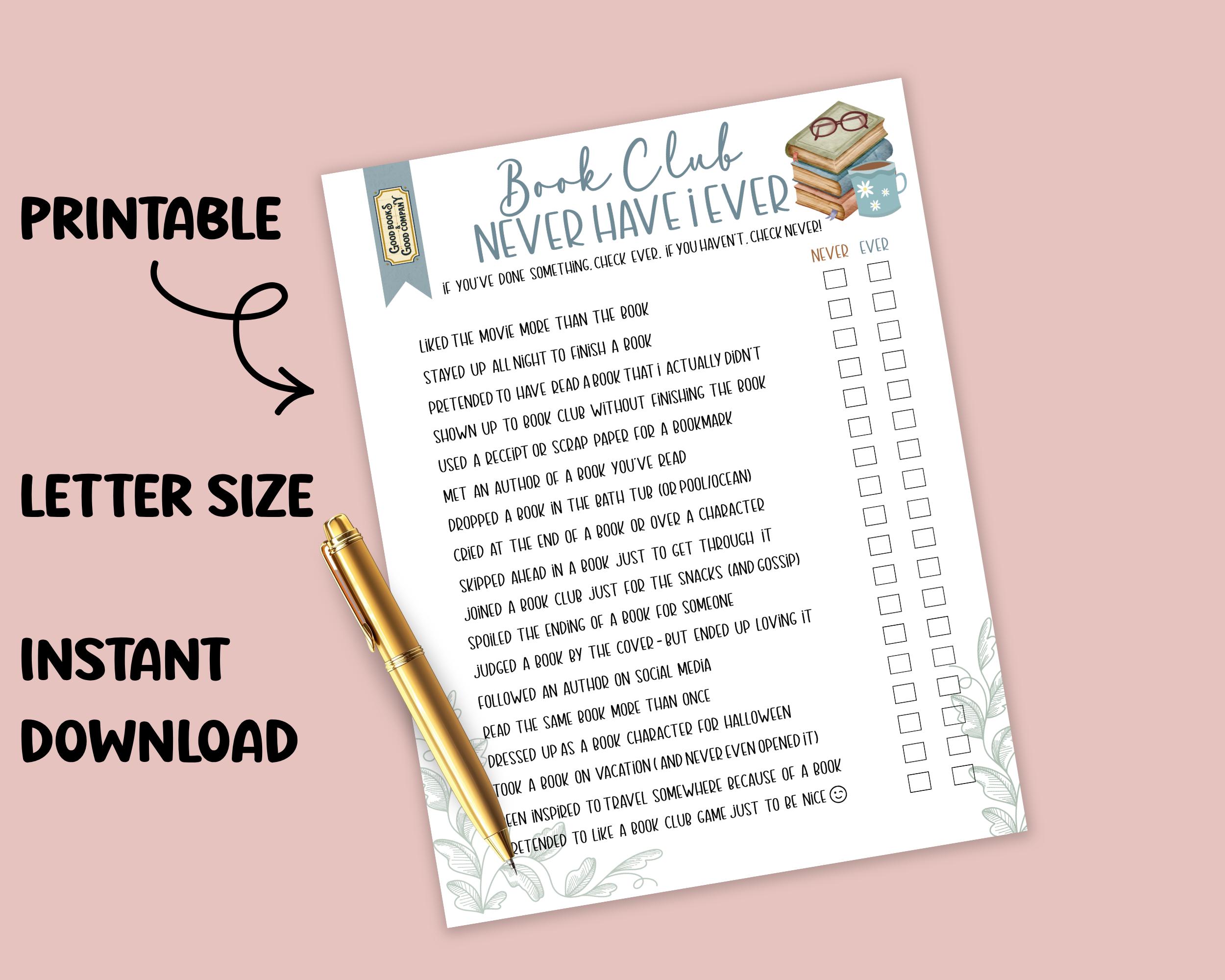 Book Club Games, Printable Book Club Icebreaker Game, Never Have I Ever ...