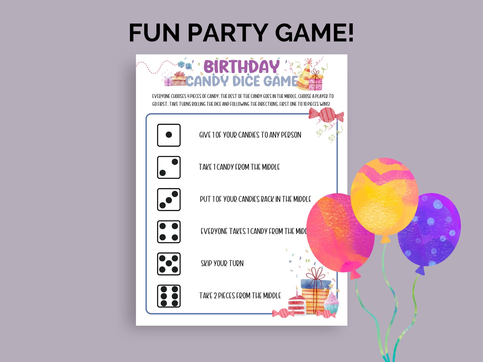 Candy Dice Game, Birthday Party Game, Printable Birthday Candy Dice ...