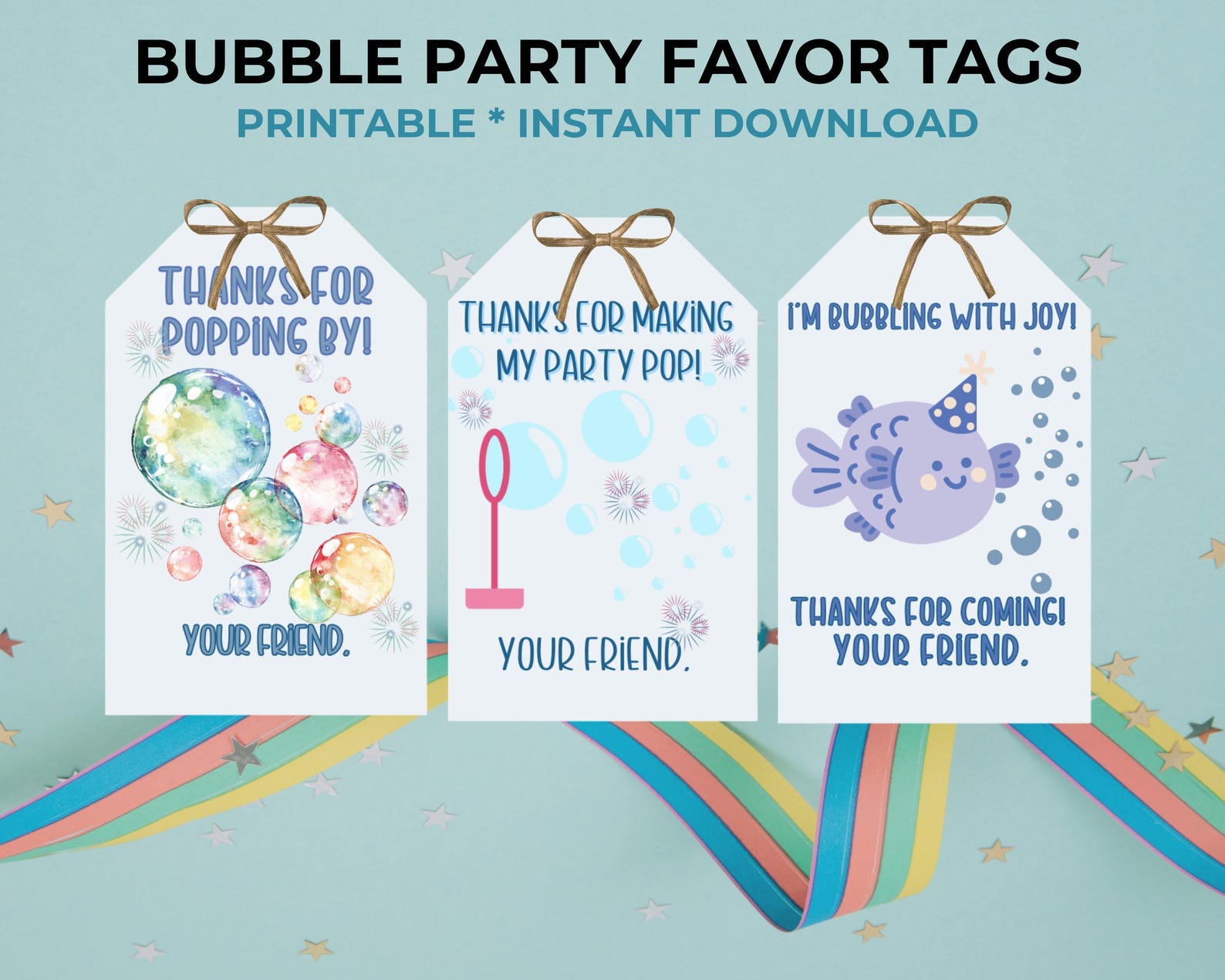 Bubble Party Favor Tags, Bubble Themed Birthday Party Treat Bag Tags ...