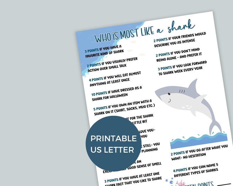 Shark Games, Who is Most Like the Shark, Printable Shark Themed ...