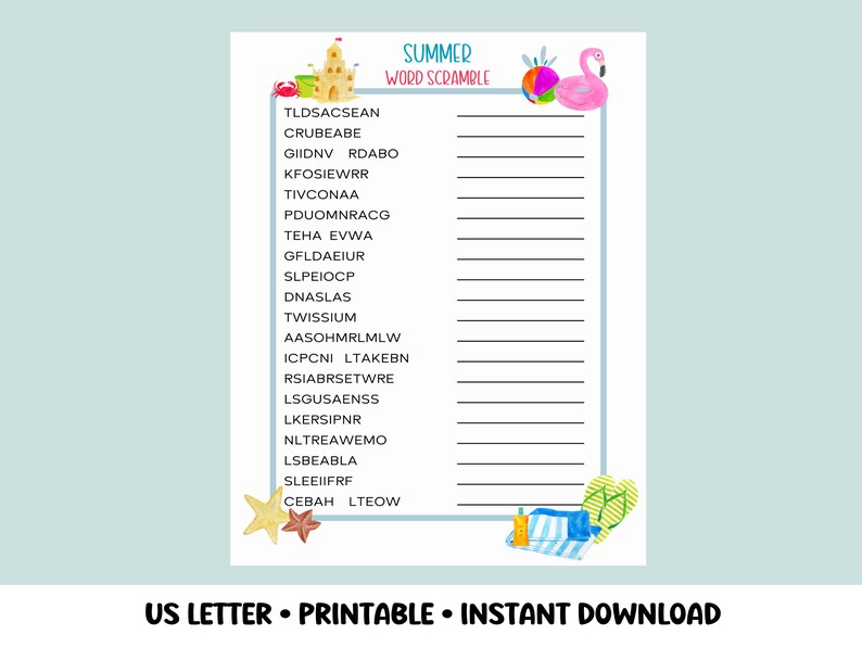 Summer Word Scramble for Kids, Printable Game (PDF), Easy Word Scramble ...