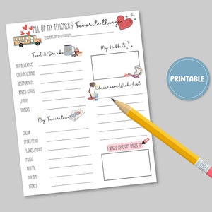 About My Teacher Questionnaire, Teacher Favorites, Teacher Gift Guide ...