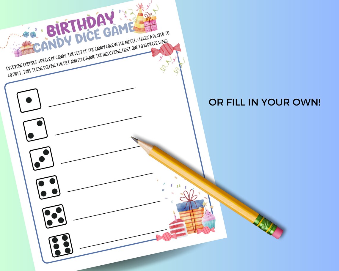 Candy Dice Game, Birthday Party Game, Printable Birthday Candy Dice ...
