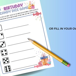 Candy Dice Game, Birthday Party Game, Printable Birthday Candy Dice ...