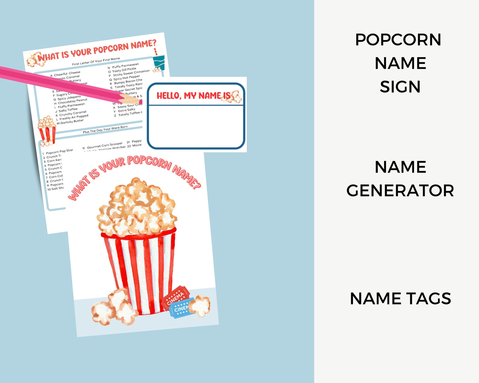What's Your Popcorn Name, Family Movie Night, Movie Night Printable ...