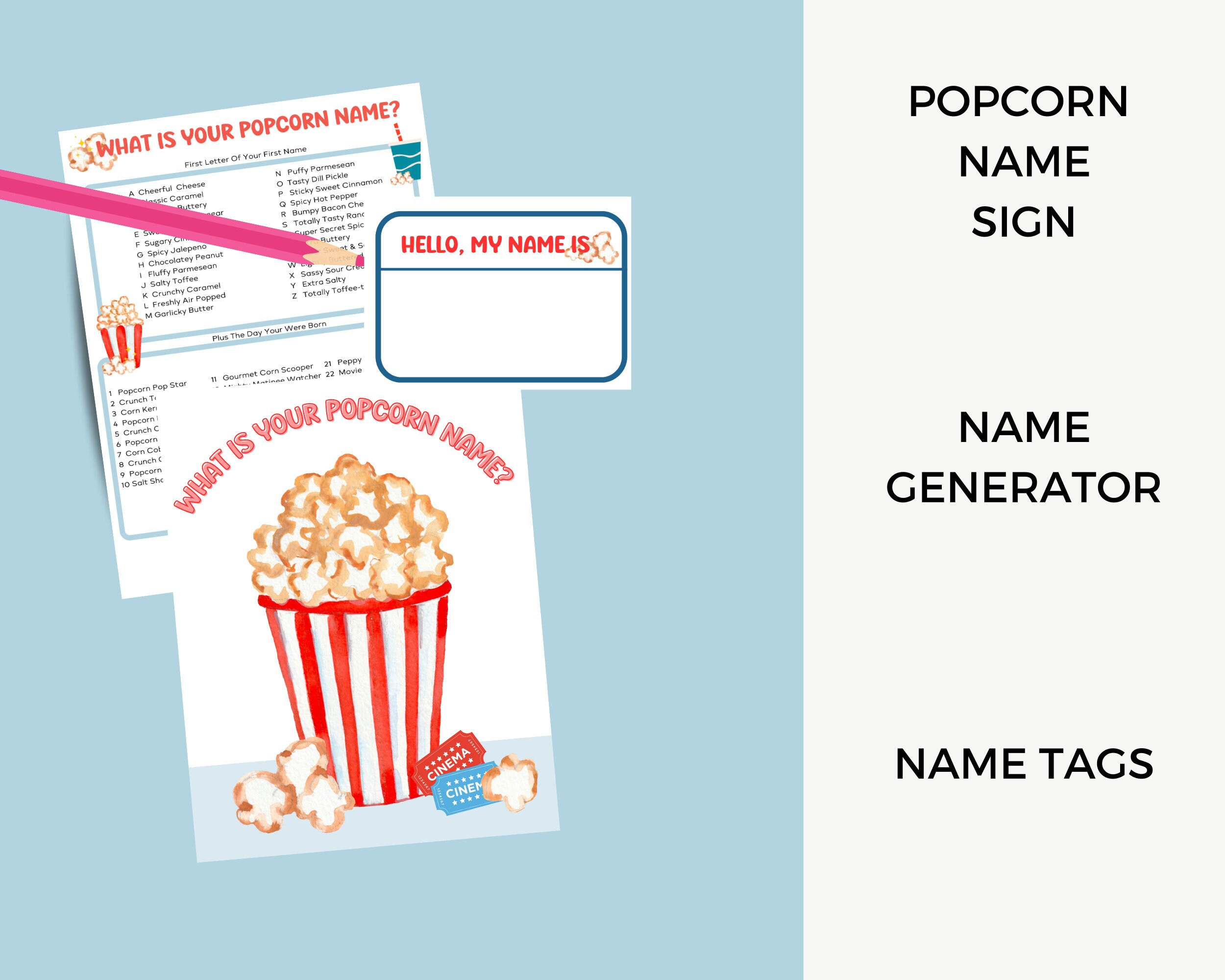 What's Your Popcorn Name, Family Movie Night, Movie Night Printable ...