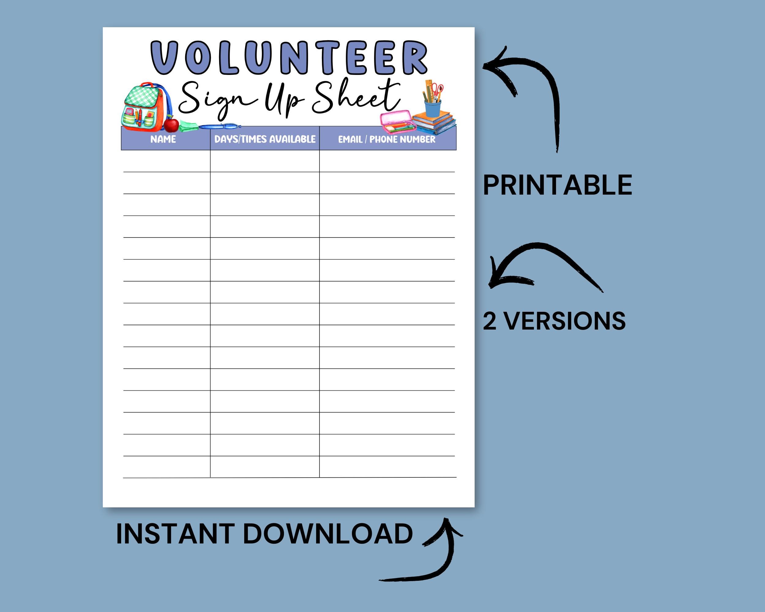 Volunteer Sign up Sheet, Classroom Volunteer Sign up Sheet, PTA Sign Up ...