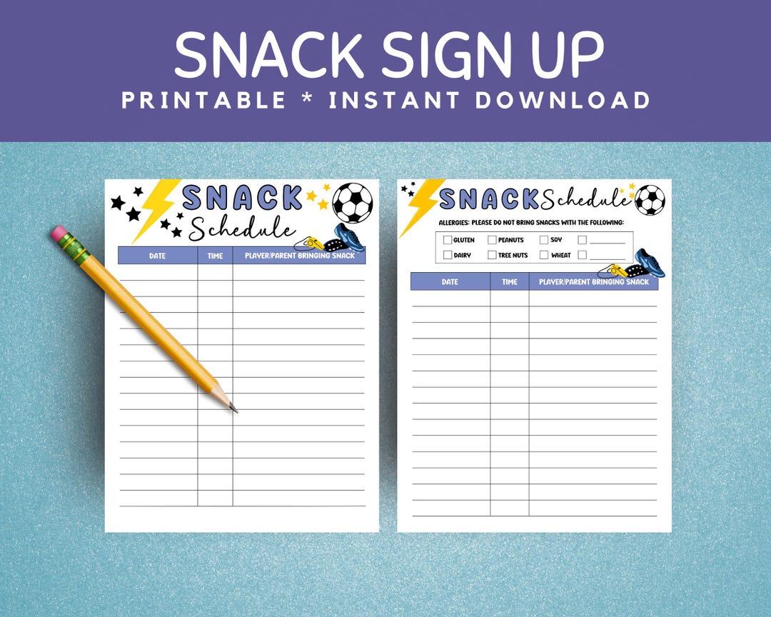 Soccer Snack Sign up Sheet, Game Day Snack Sheet, Soccer Snack List ...