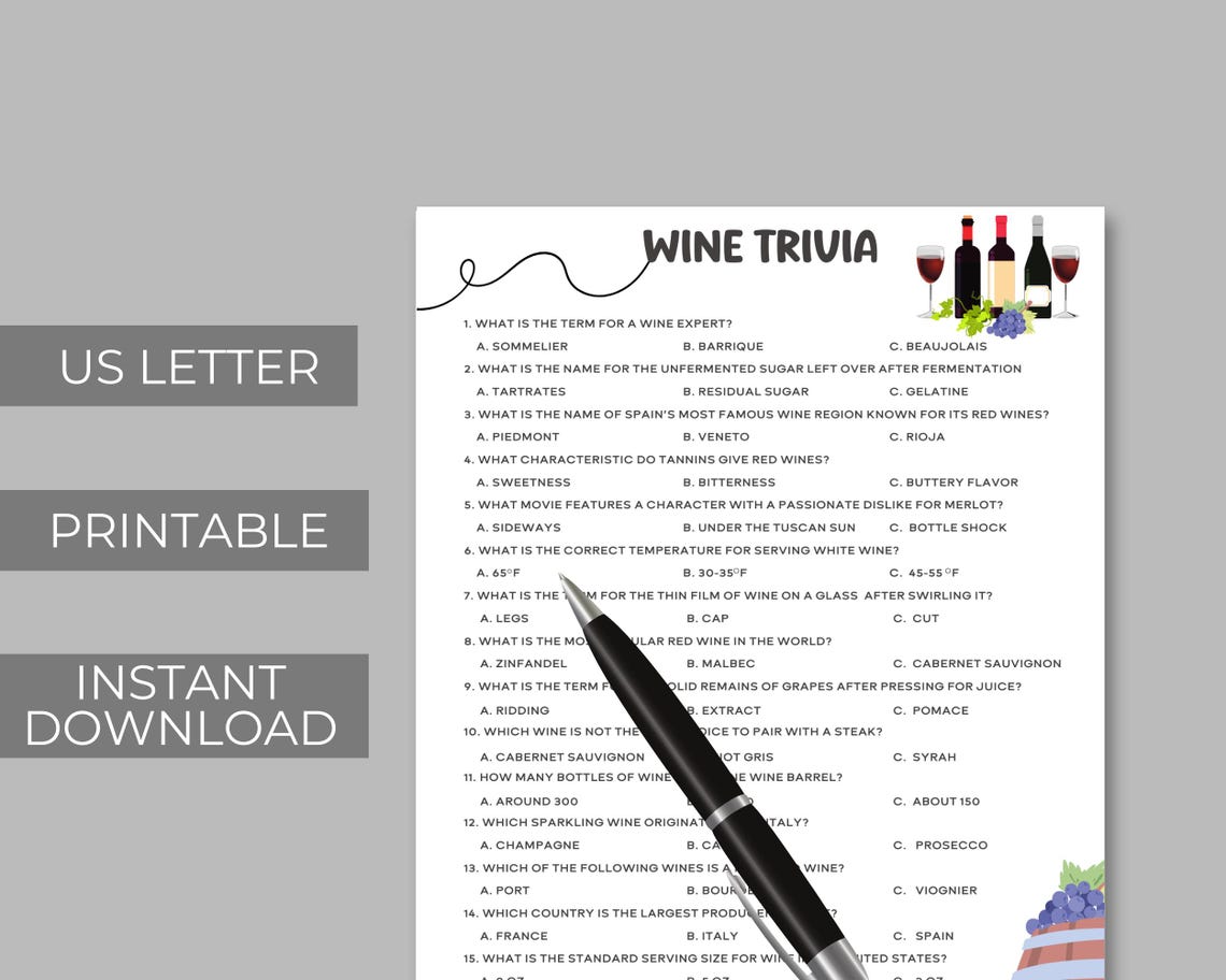 Wine Trivia Game, Wine Party Game, Icebreaker Game, Door Prize Trivia ...