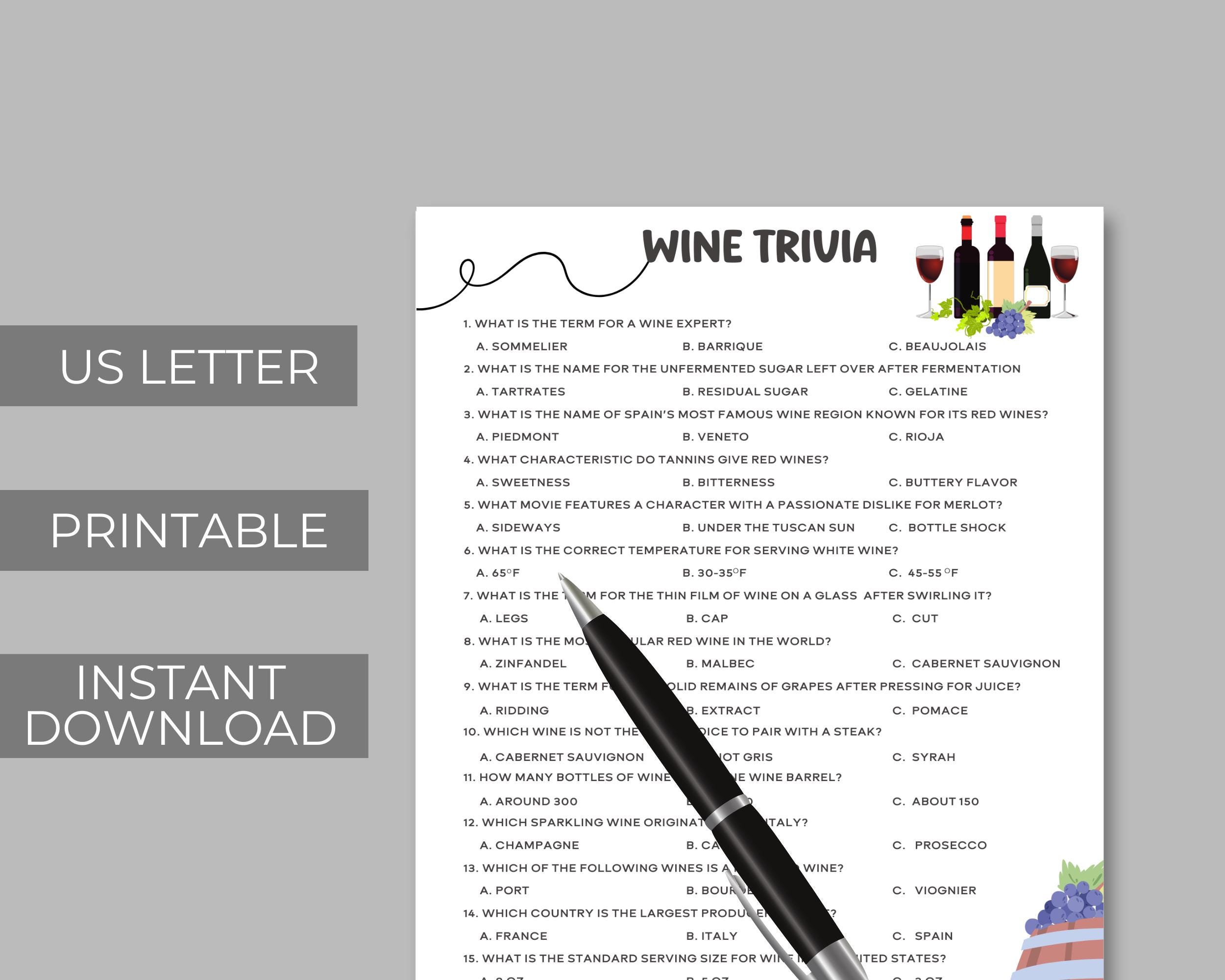 Wine Trivia Game, Wine Party Game, Icebreaker Game, Door Prize Trivia ...
