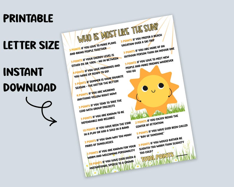 Who is Most Like the Sun Printable Party Game, Fun Icebreaker Activity ...