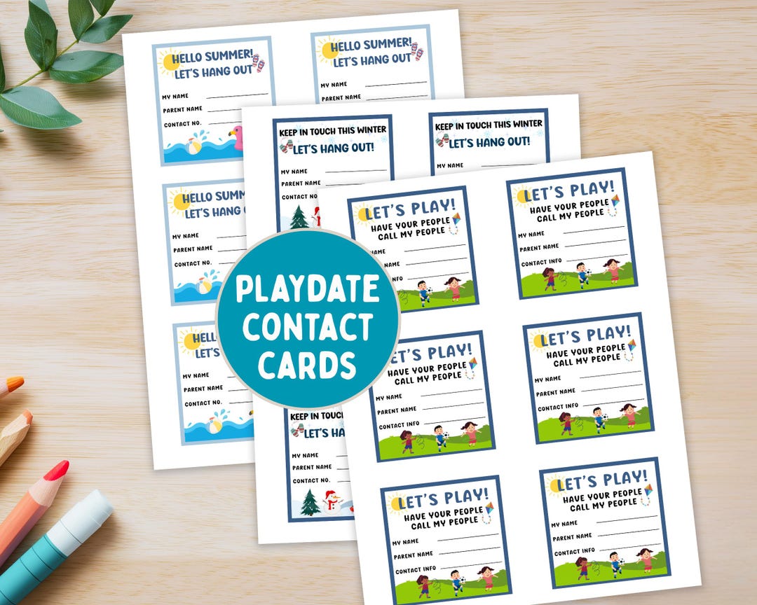 Printable Kids Playdate Contact Cards, Preschool Summer Break Calling ...