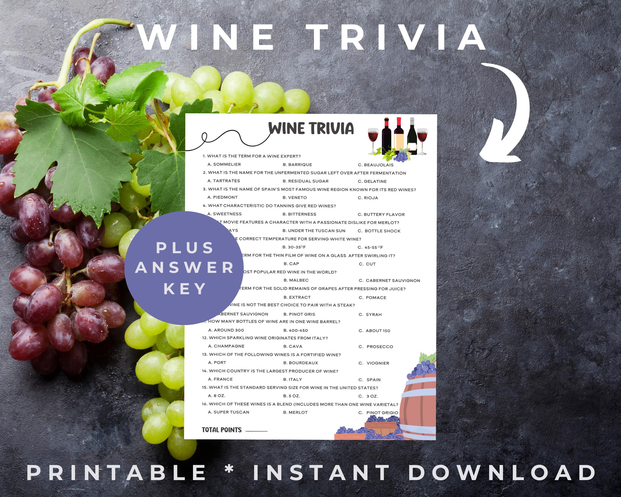 Wine Trivia Game, Wine Party Game, Icebreaker Game, Door Prize Trivia ...