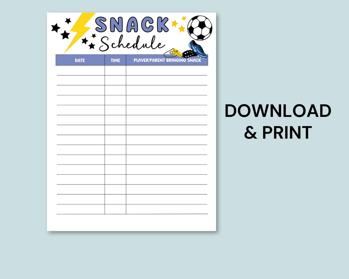 Soccer Snack Sign up Sheet, Game Day Snack Sheet, Soccer Snack List ...