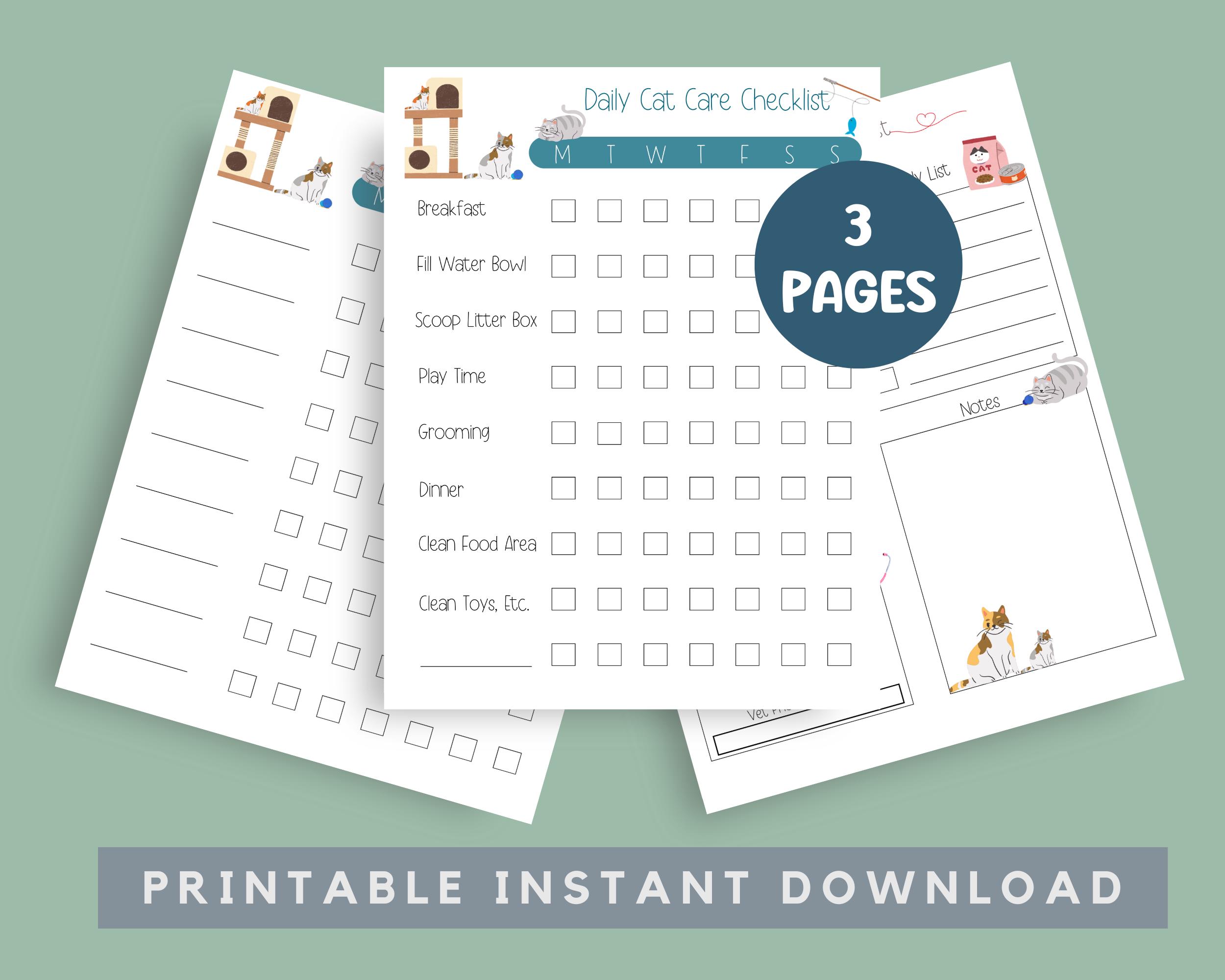 Cat Care Checklist, Daily & Monthly Chores (PDF Printable), Daily Pet ...