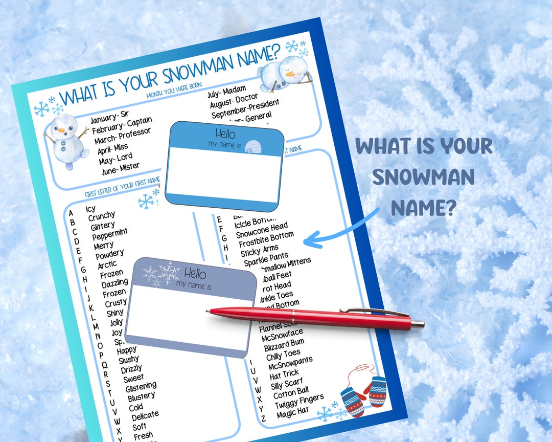 What's Your Snowman Name Game,name Generator,winter Party Game, Snowman ...