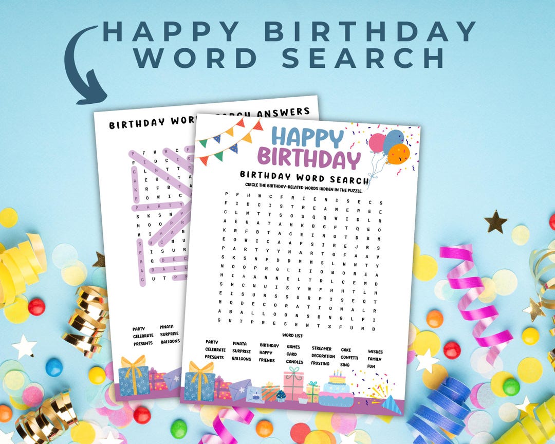 Birthday Word Search Printable, Word Search for Birthday Party ...