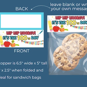 100th Day of School, Treat Bag Toppers, Printable School Favor Bag ...