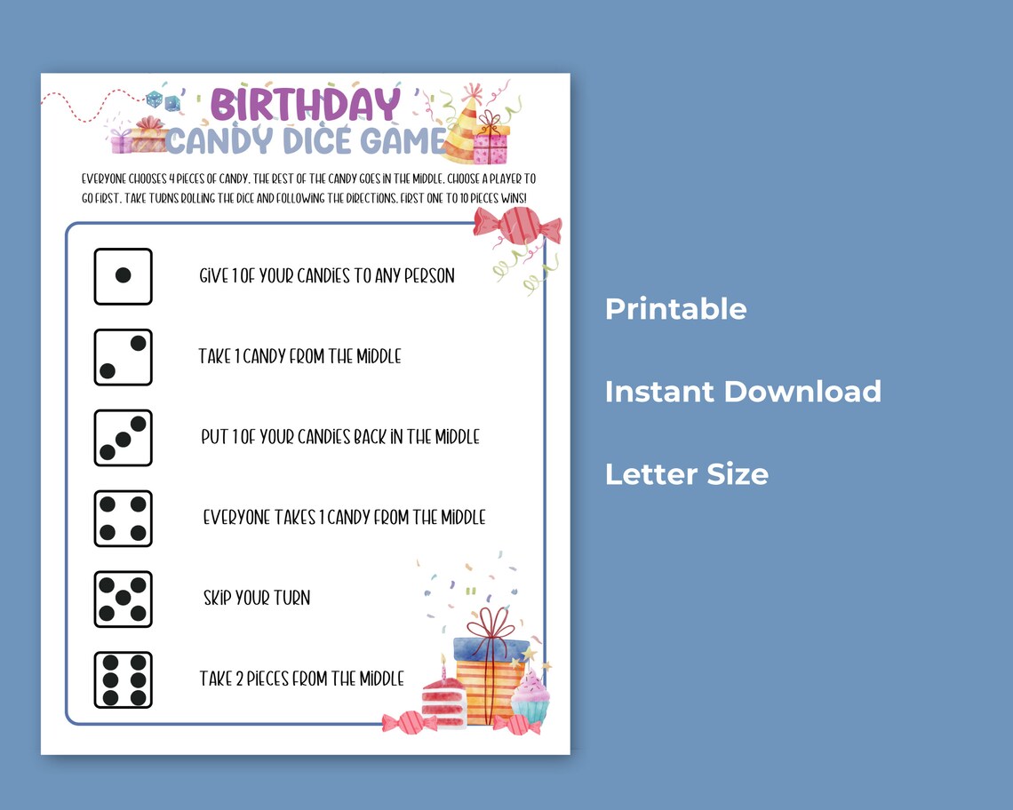 Candy Dice Game, Birthday Party Game, Printable Birthday Candy Dice ...
