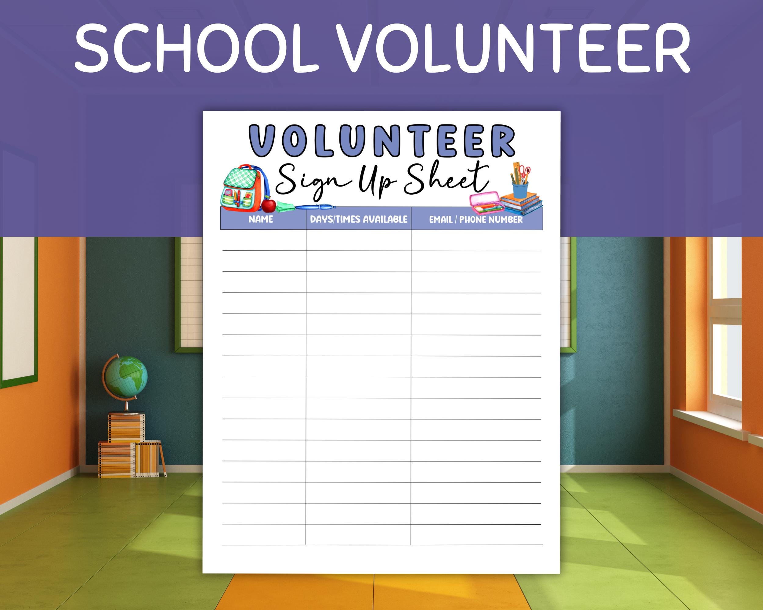 Classroom Volunteer Sign up Sheet, PTA Sign Up, School Volunteer Sign ...