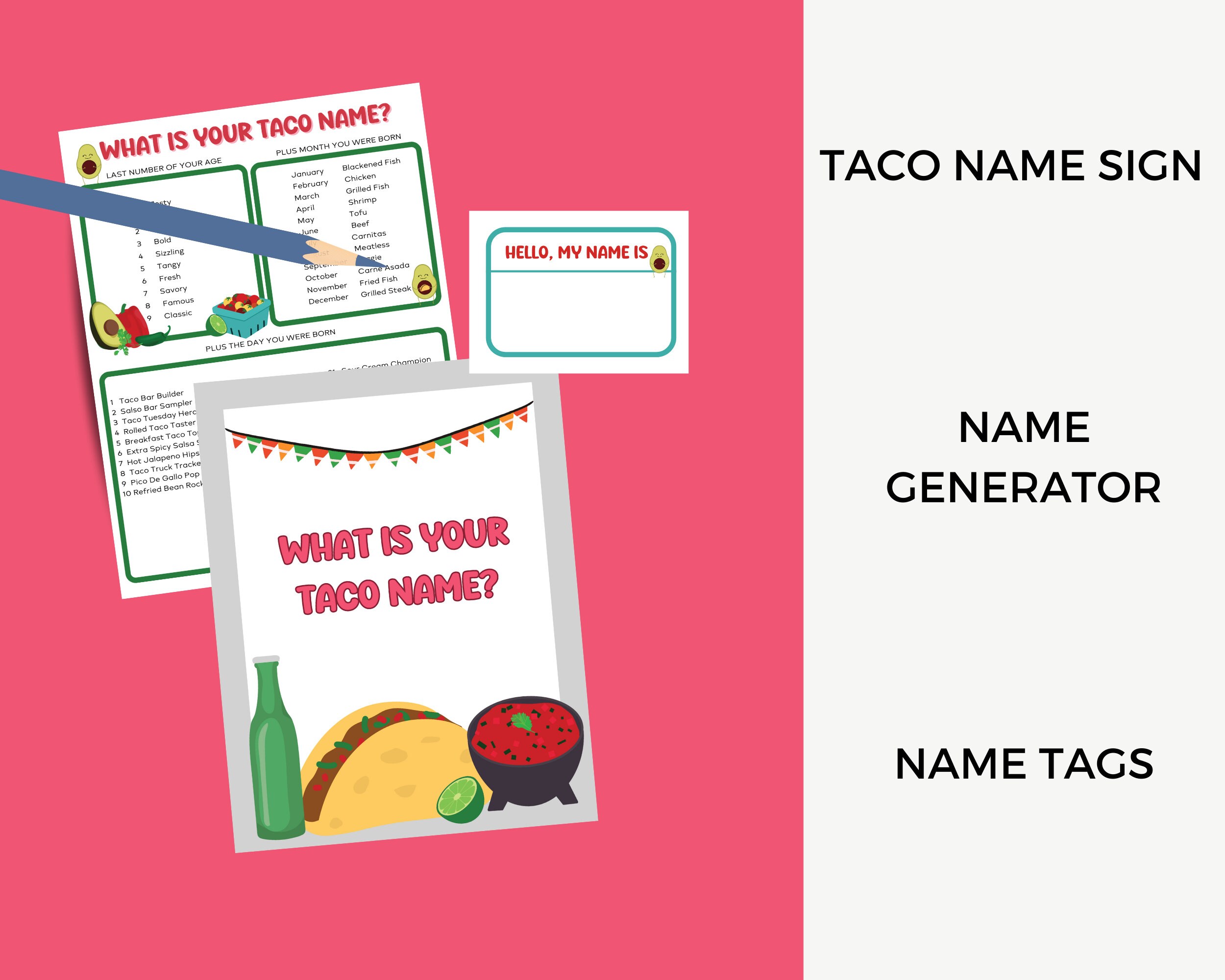 What's Your Taco Name Taco Name Tag, Taco Party Game, Printable Taco ...